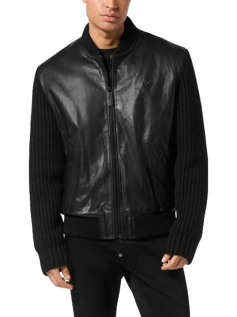 Philipp Plein Leather Bomber With Knitted Sleeves - Black