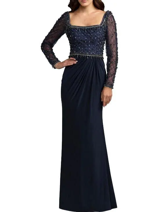 Mac Duggal Embellished Mesh Long Sleeve Gown - Midnight