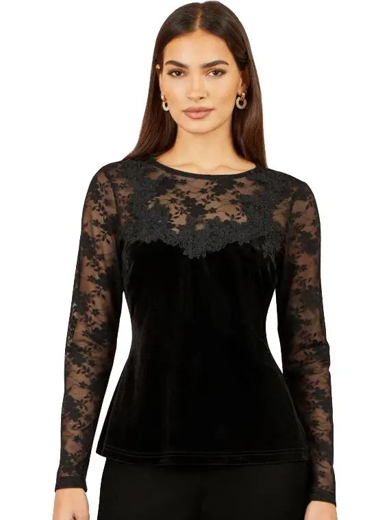 YUMI Lace Applique Long Sleeve Top - Black
