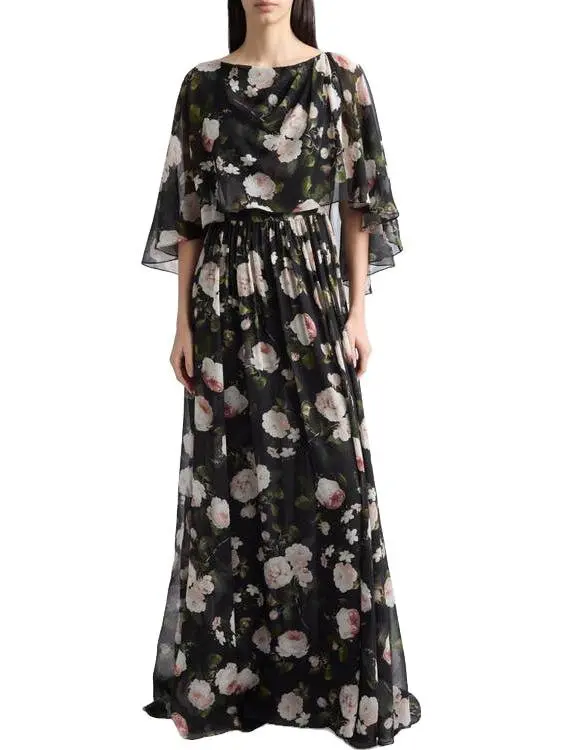 Carolina Herrera Floral Off The Shoulder Silk Chiffon Gown - Black Multi