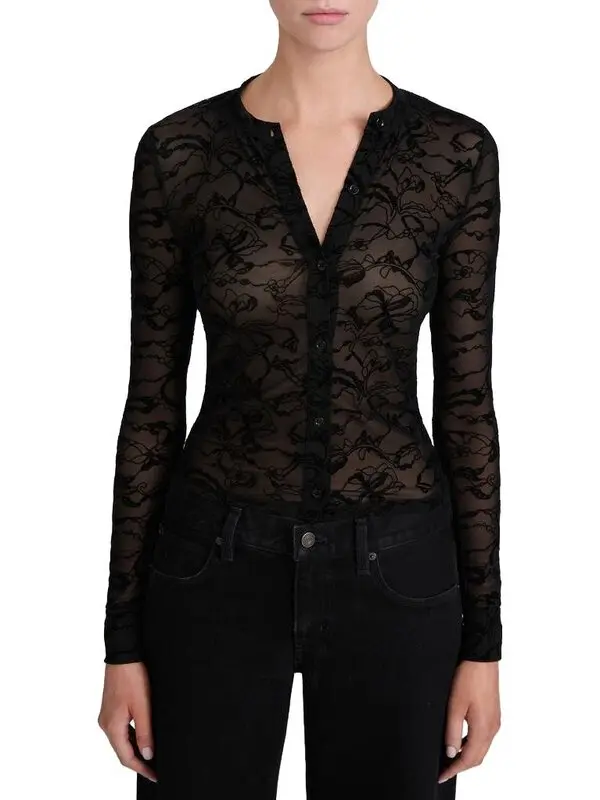 FRAME The Lace Burnout Top - Black