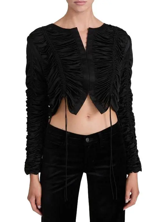 FRAME The Serre Drawstring Ruched Silk Crop Top - Black