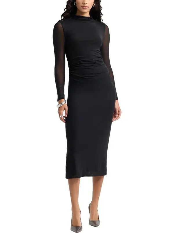 OPEN EDIT Mock Neck Long Sleeve Mesh Midi Dress - Black
