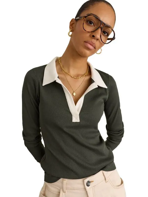 Baukjen Fern Ribbed Polo Top - Deep Khaki