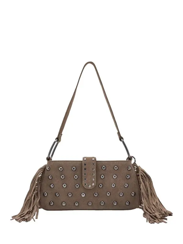Mango Fringed Leather Shoulder Bag - Sand