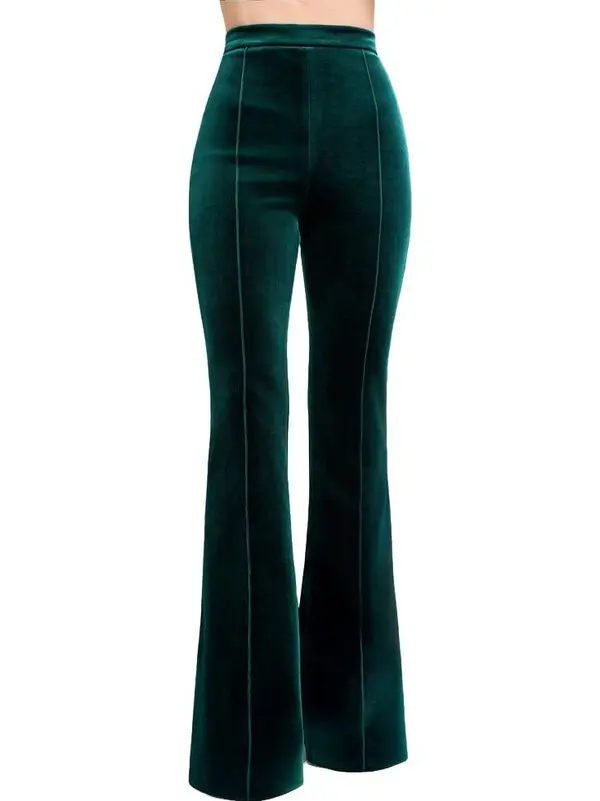 NADINE MERABI Beatrice Pintucked High Waist Flared Velvet Trousers - Green