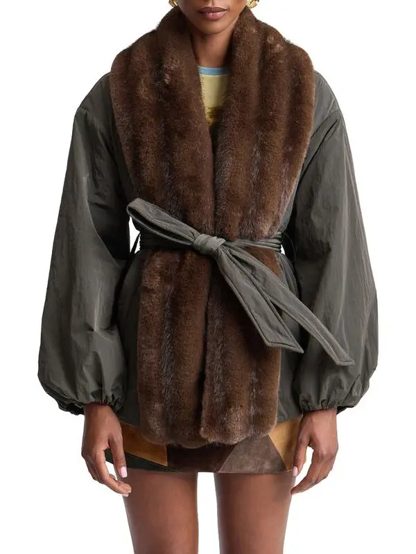 Avec Les Filles Balloon Belted Puffer Coat With Faux Fur Trim - Dark Forest/mink
