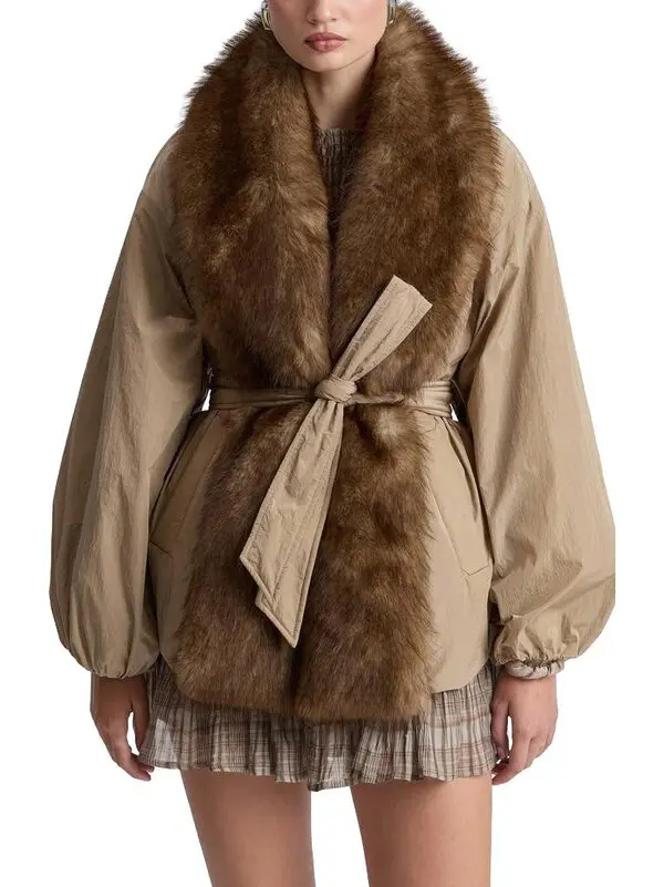 Avec Les Filles Balloon Belted Puffer Coat With Faux Fur Trim - Sand/brown
