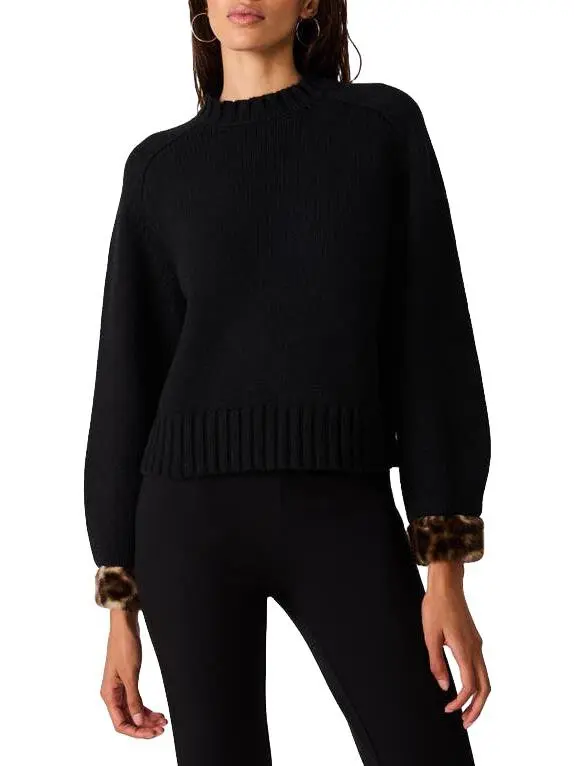 Steve Madden Orion Mock Neck Sweater With Faux Fur Cuffs - Black
