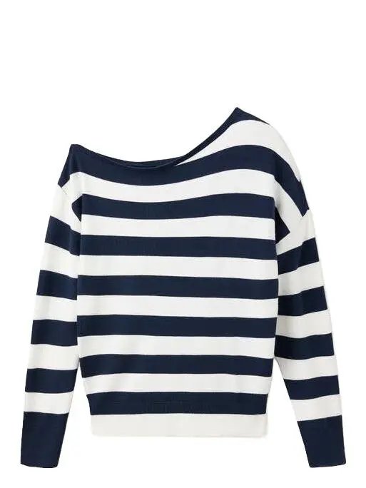 Mango Asymmetrical Neckline Striped Sweater - Navy