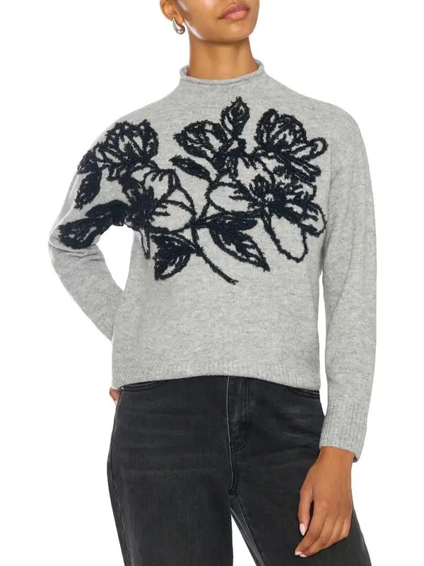 Vince Camuto Floral Embroidered Mock Neck Sweater - Light Heather Grey