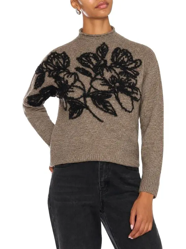 Vince Camuto Floral Embroidered Mock Neck Sweater - Medium Brown