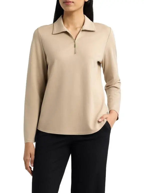 Anne Klein Bracelet Sleeve Zip Front Knit Top - Latte