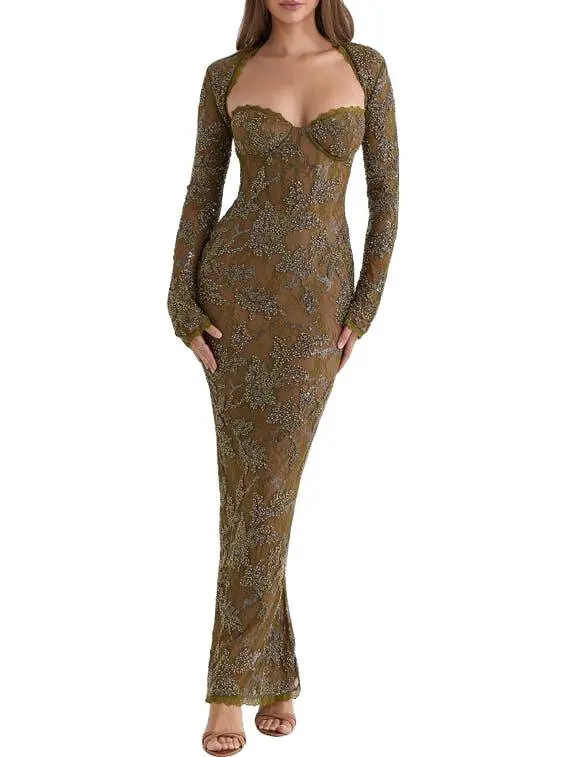 House Of Cb Lucelle Embellished Lace Maxi Dress - Olive