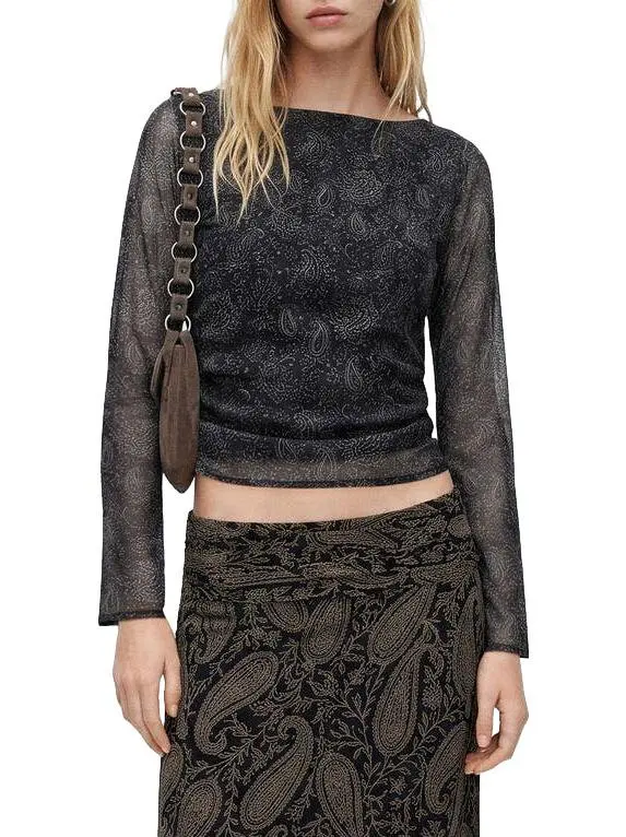 Mango Paisley Chiffon Boat Neck Top - Black
