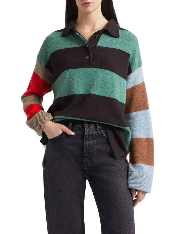 &daughter Torin Colorblock Stripe Long Sleeve Lambswool Polo Sweater - Multi Stripe