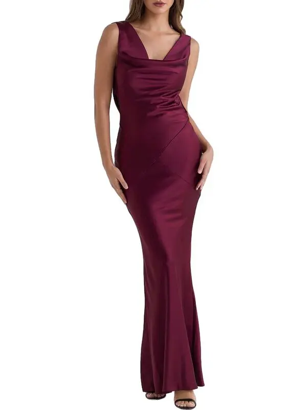 House Of Cb Safaira Cowl Neck Satin Maxi Dress - Cabernet