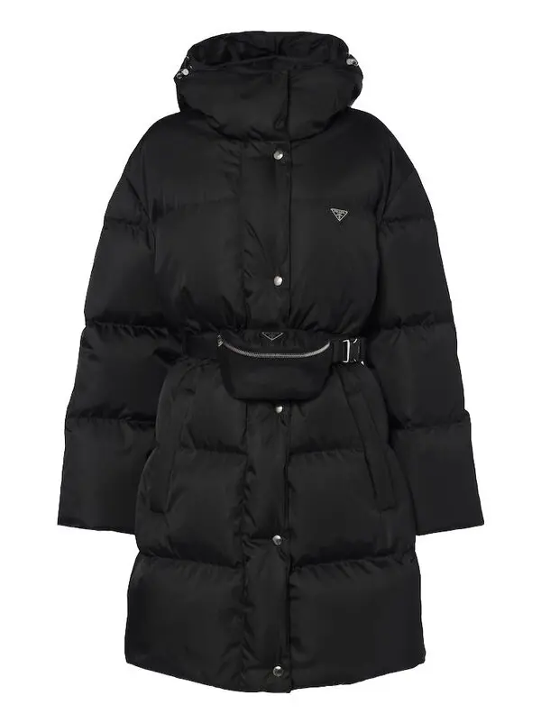 Prada Belted Hooded Re-nylon Down Coat - Black