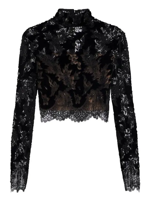 Costarellos Isaline Embellished Velvet And Lace Crop Top - Black