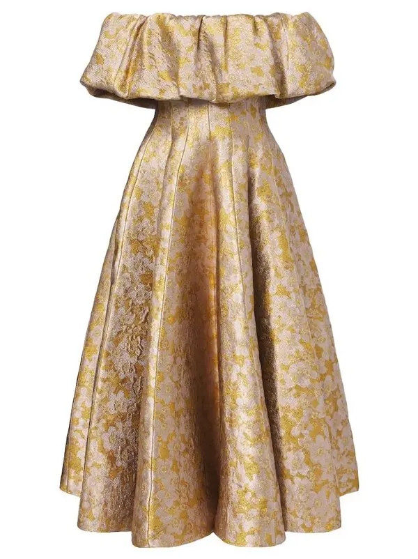 MARKARIAN Floral Off-shoulder Brocade Cocktail Dress - Gold
