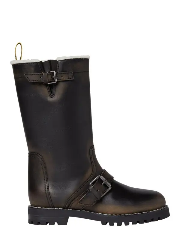 Fendi Commando Boots In Dark Brown Calfskin And Shearling - Black