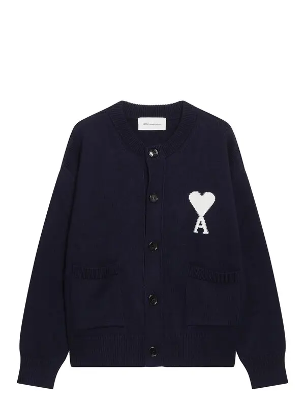 AMI Paris Dark Blue De Coeur Cardigan In Wool Blend - Black