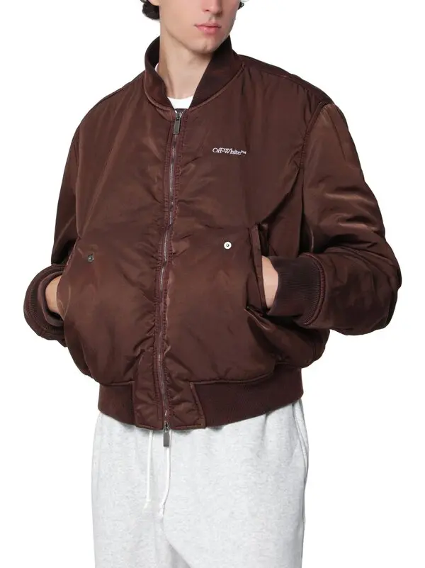 Off-White Zip-up Bomber Jacket In Technical Fabric - Chocolate