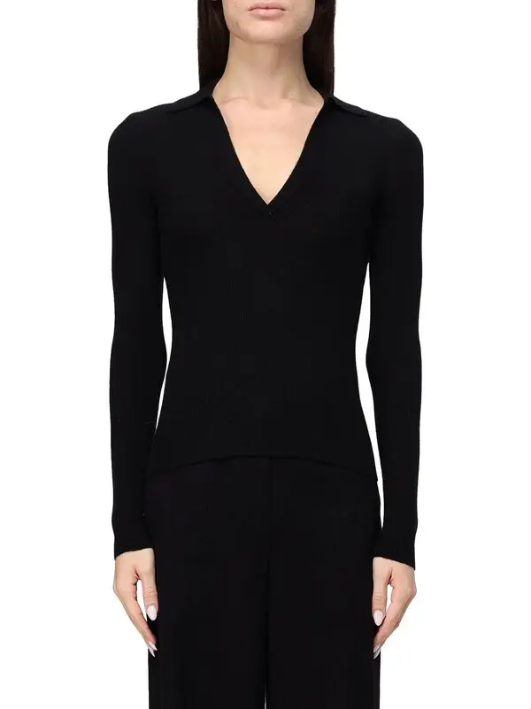 Max Mara Slim Fit V-neck Polo Jumper In 100% Cashmere With Long Sleeves - Black