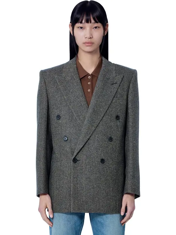 Saint Laurent Double-breasted Herringbone Blazer - Brown