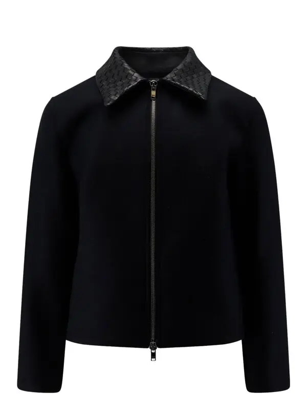 Bottega Veneta Wool Jacket With Leather Collar With Intrecciato Motif - Black