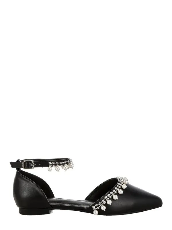 RAG & CO Aouva Rhinestone & Pearl Ankle Strap Flat Sandals In By - Black