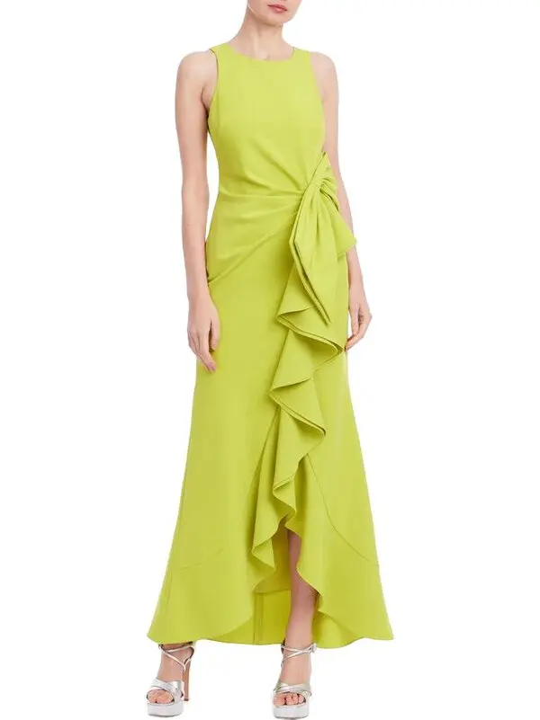 Badgley Mischka Bow Accent Ruffle High-low Gown - Chartreuse