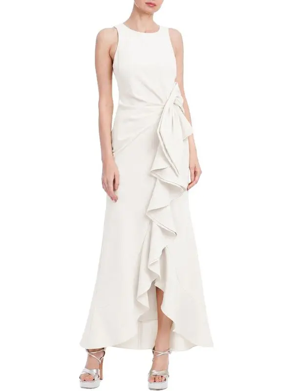 Badgley Mischka Bow Accent Ruffle High-low Gown - Ivory