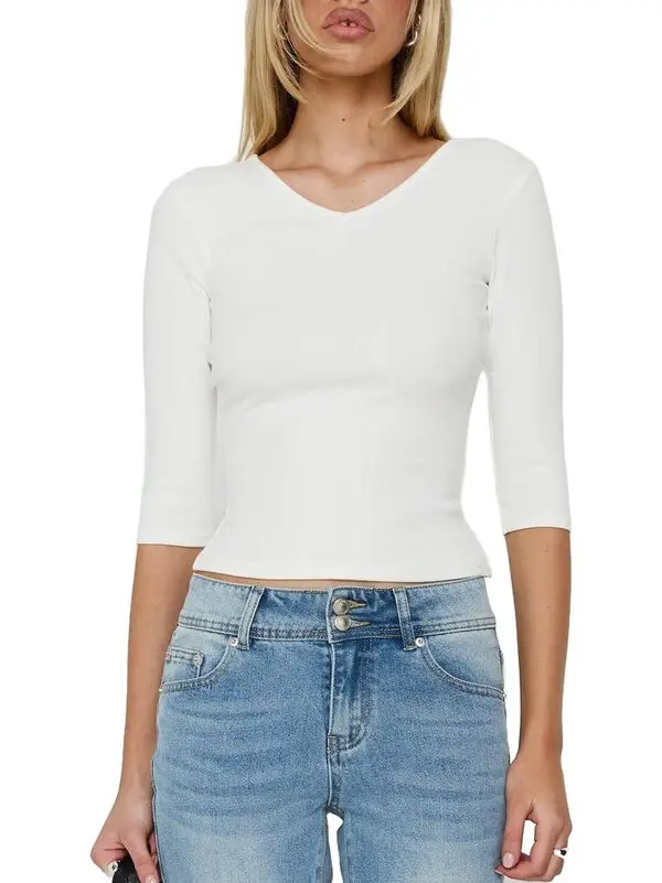 Princess Polly Bridgeta V-neck Three-quarter Sleeve Top - White
