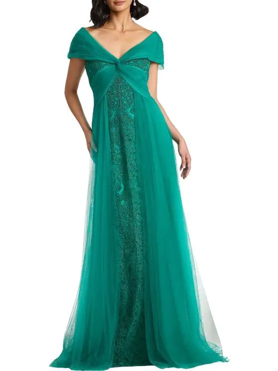 Tadashi Shoji Parello Lotus Embroidered Tulle Gown - Emerald