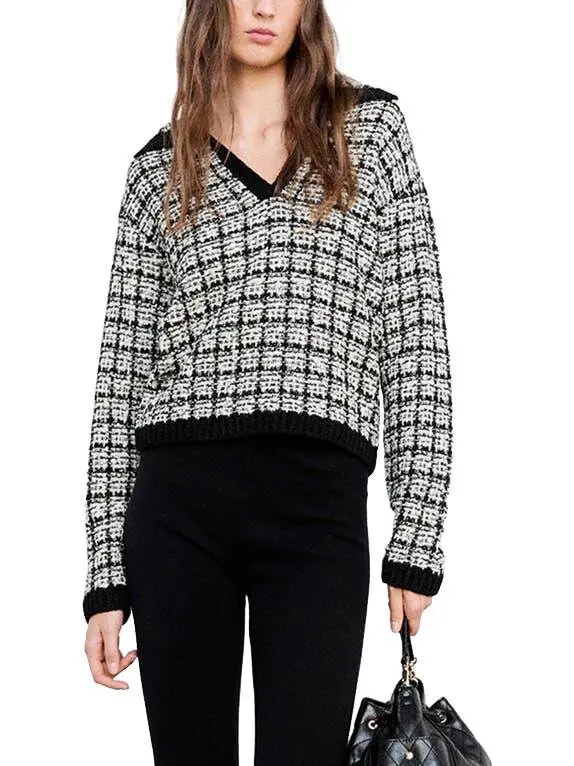 Mango Tweed Polo Collar Sweater - Black