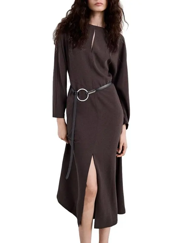 Mango Cutout Long Sleeve Midi Dress - Chocolate
