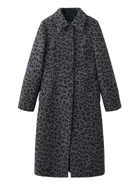 Mango Leopard Print Cotton Blend Long Coat - Grey