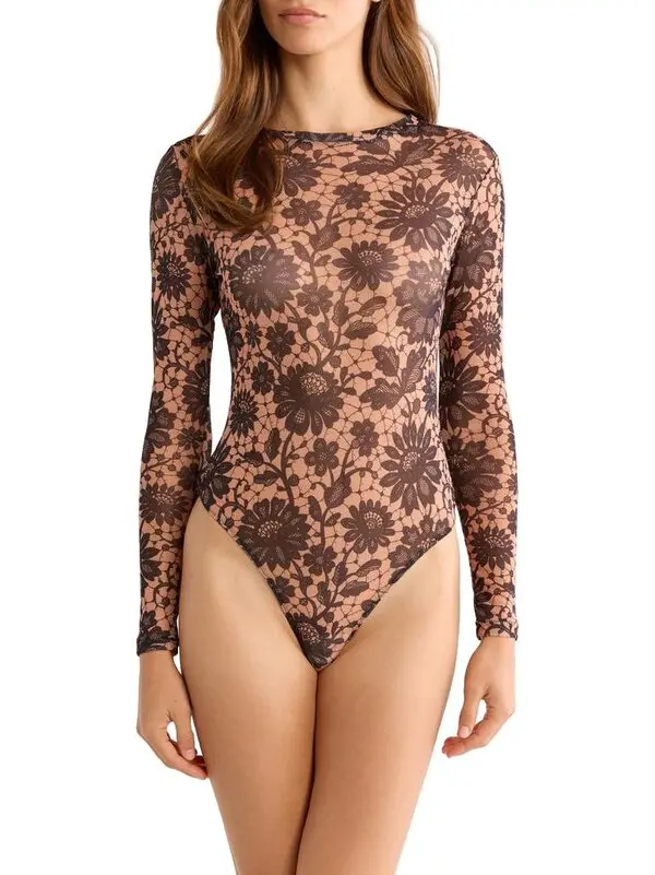 KILO BRAVA Floral Lace Long Sleeve Bodysuit - Black