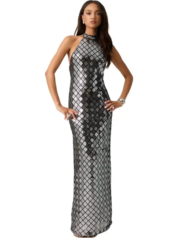 Ramy Brook Oceane Halterneck Sequin Gown - Silver/black