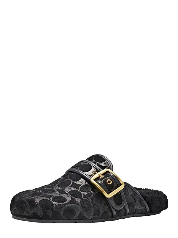 COACH Archival Buckle Embossed Suede Clogs With Shearling Flat Shoes - Black