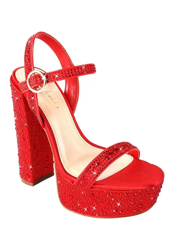 Frederick's Of Hollywood Fabiosa Rhinestone Open Toe Platform Heel - Red