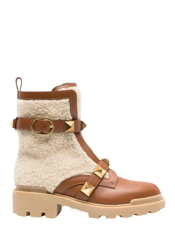 Valentino Garavani Wmns Roman Stud 40mm Combat Boot Sherpa - Brown