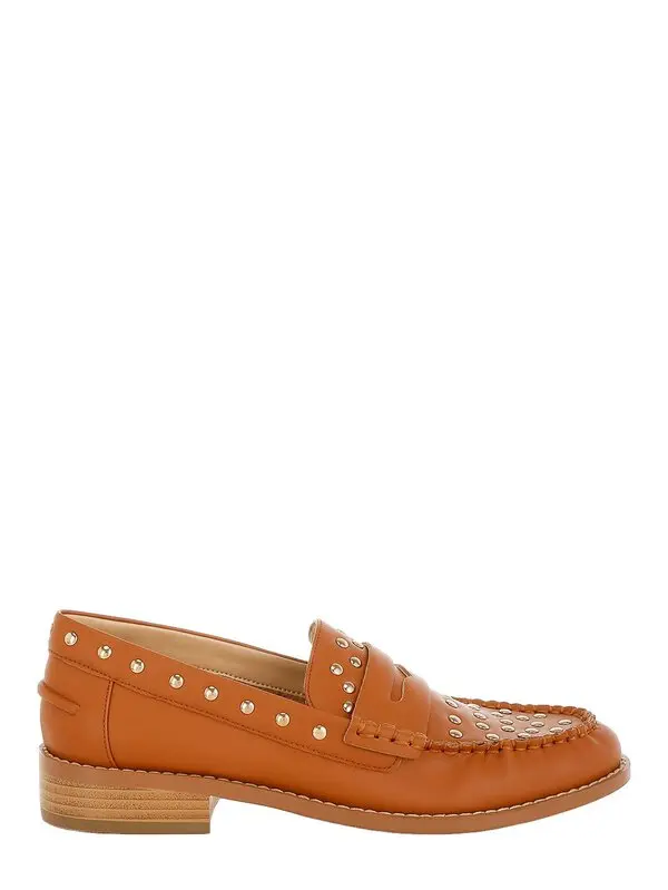 RAG & CO Oglavia Studs Embellished Leather Loafers In Tan By - Brown
