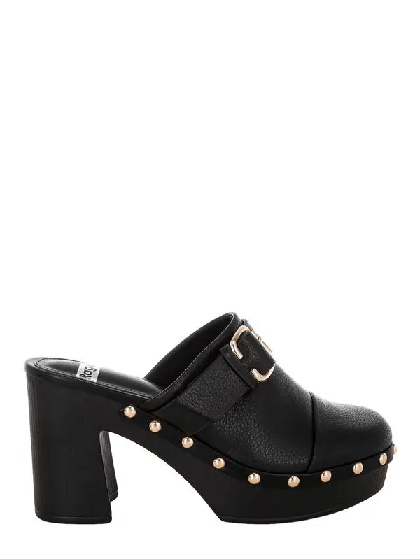 RAG & CO Septim Genuine Leather Studded Clog Heels In By - Black