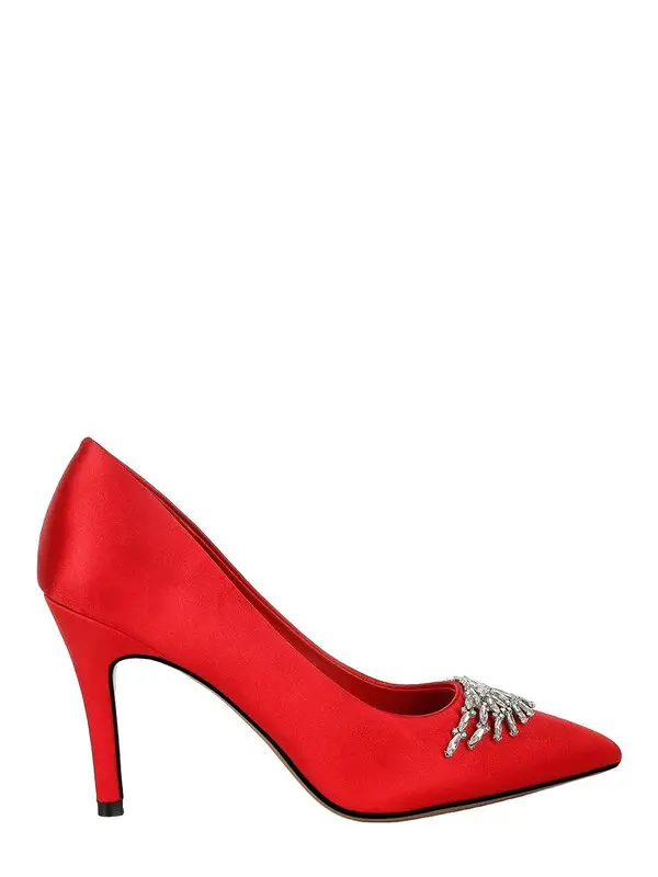 RAG & CO Rhodolia Diamante Brooch Detail Satin Pumps In By - Red