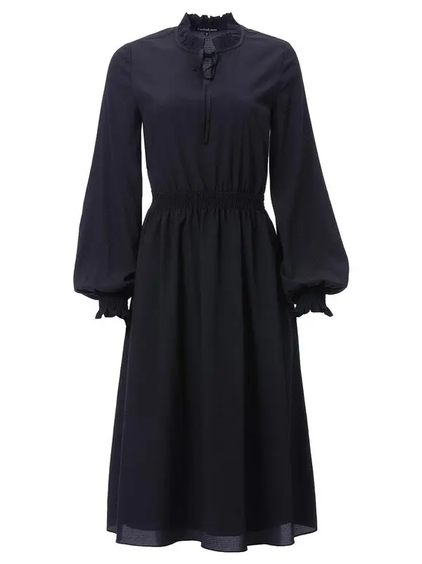 CARLOSLINES Front Neck Tie Smocked Waist Long Sleeve Midi Dress In Solid - Black