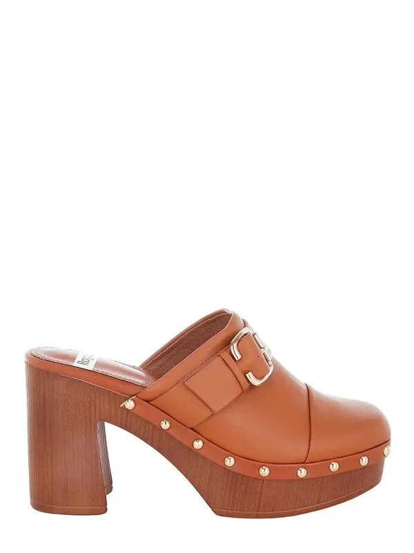 RAG & CO Septim Genuine Leather Studded Clog Heels In Tan By - Brown