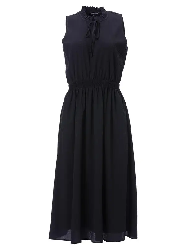 CARLOSLINES Sleeveless Smocked Waist Tie Front Dress With Pockets In Solid - Black
