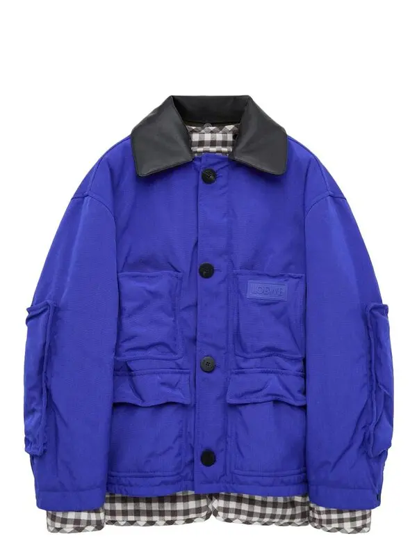Loewe Leather Collar Check-lined Hooded Parka - Blue